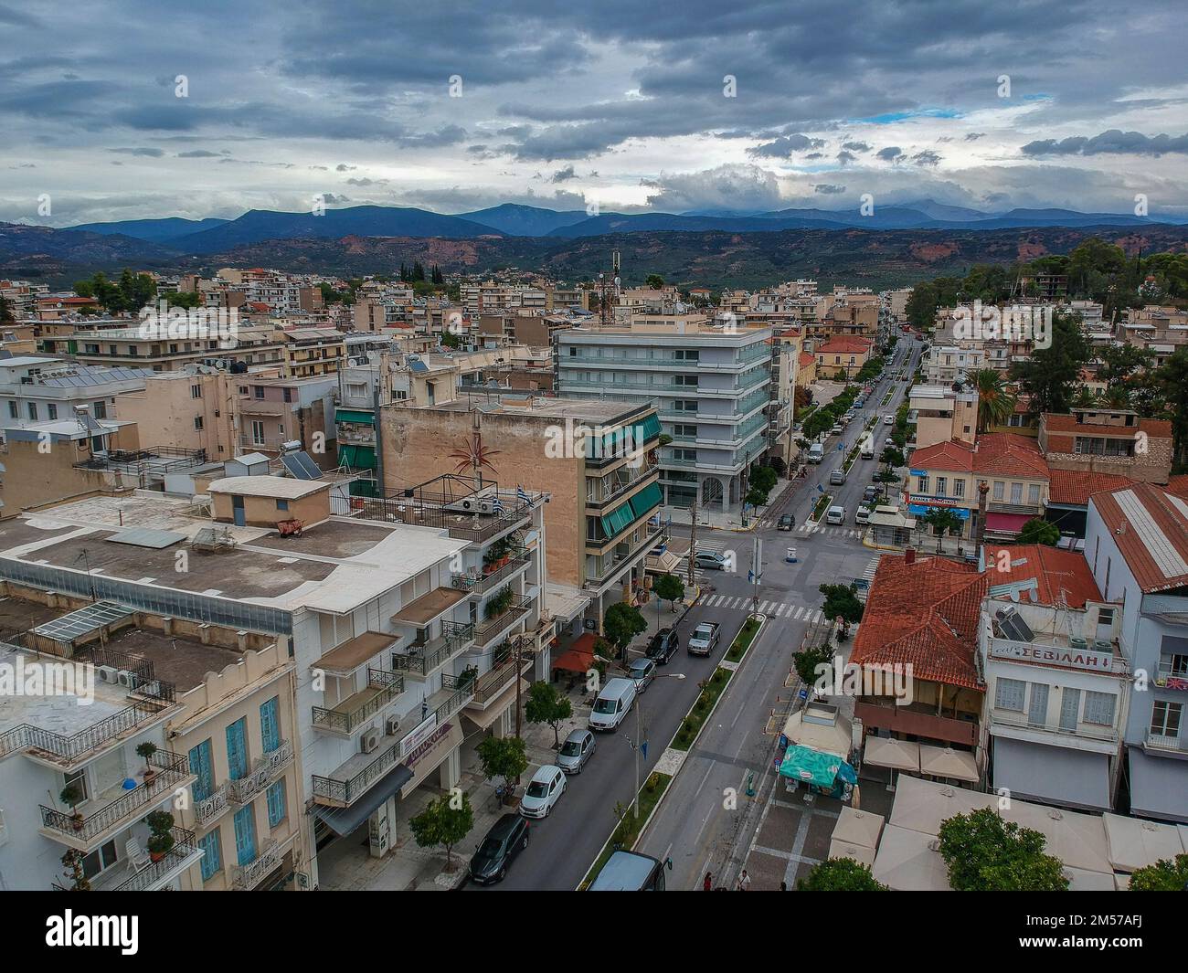 Aerial view of the modern city of Sparti Greece. Sparti was founded to ...