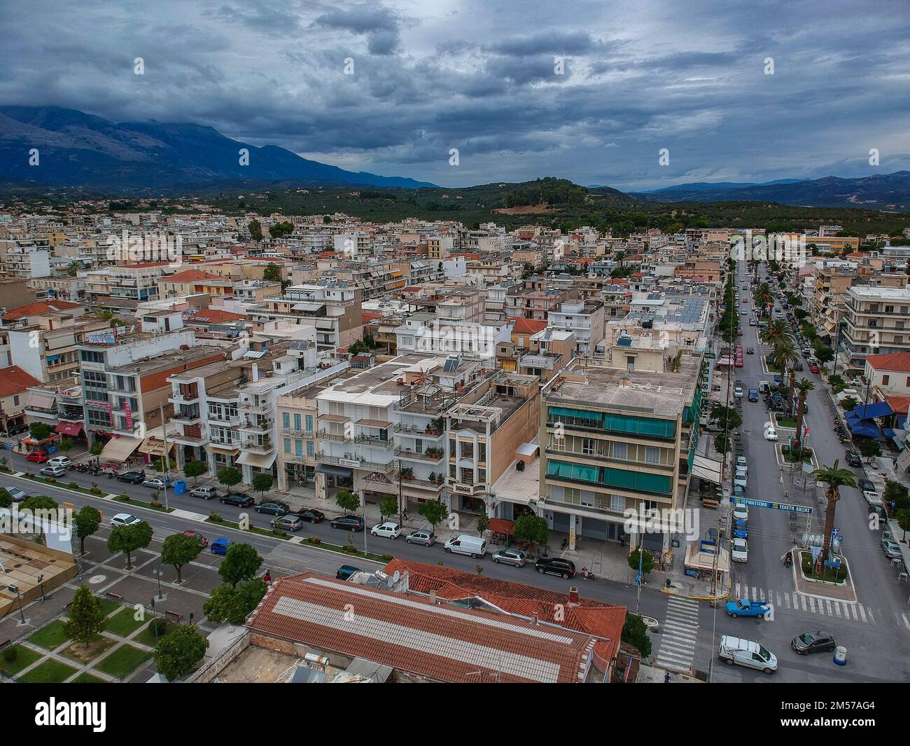 Aerial view of the modern city of Sparti Greece. Sparti was founded to ...