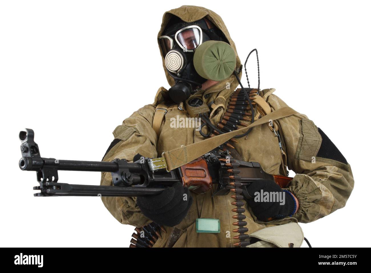 post-apocalyptic stalker in gas mask with machine gun isolated on white ...