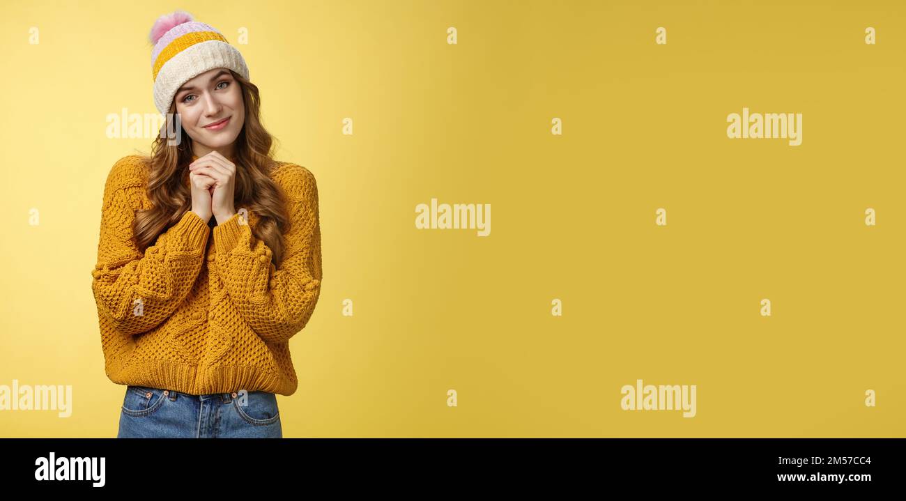 Touched charming cute silly young girl make flirty gazes camera press ...
