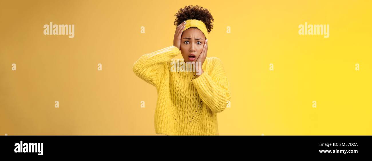Shocked Terrified Timid Insecure Young Stylish African American Woman