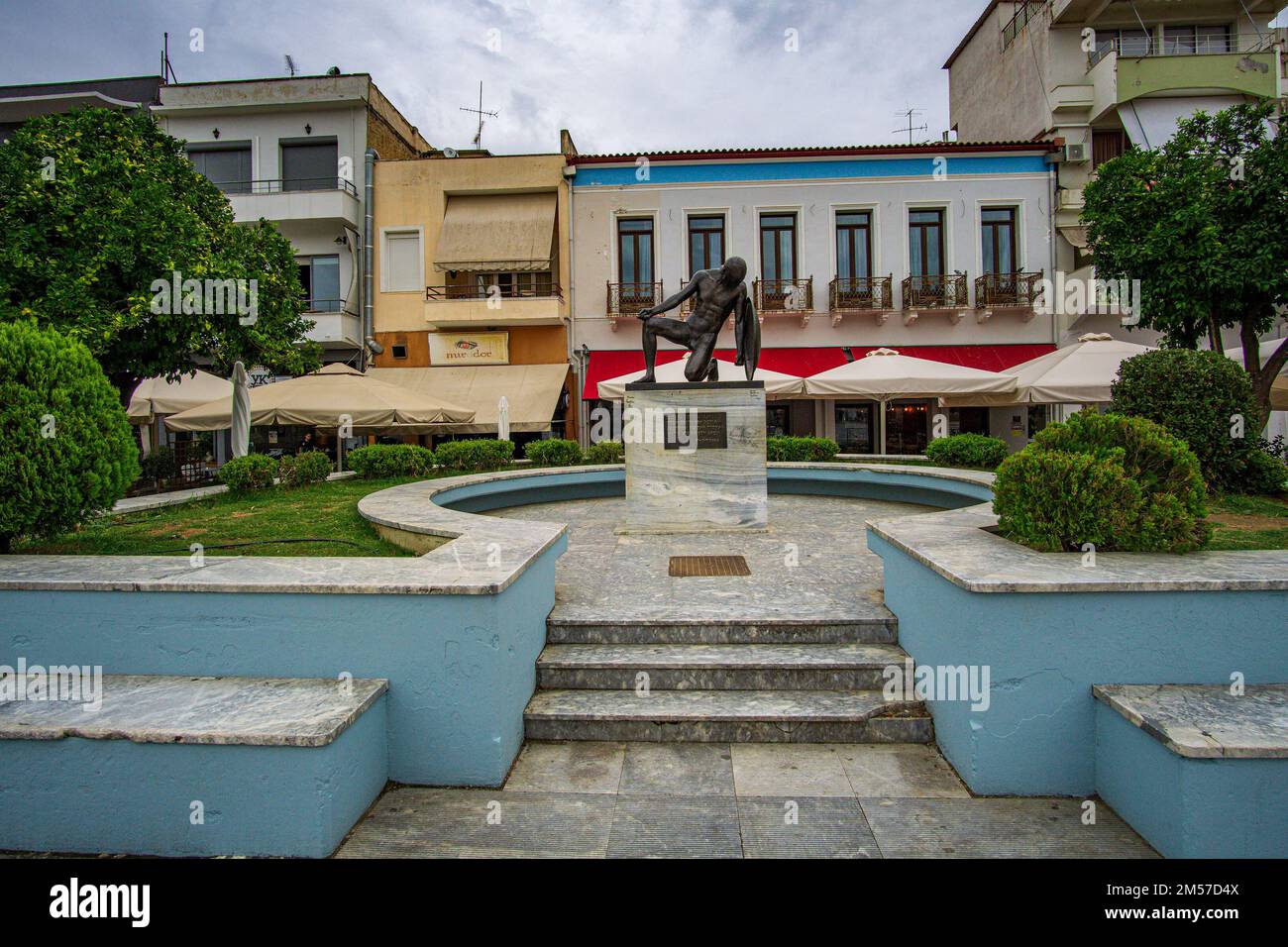 Sculpture of a Spartan warrior in the center of the historical Greek ...