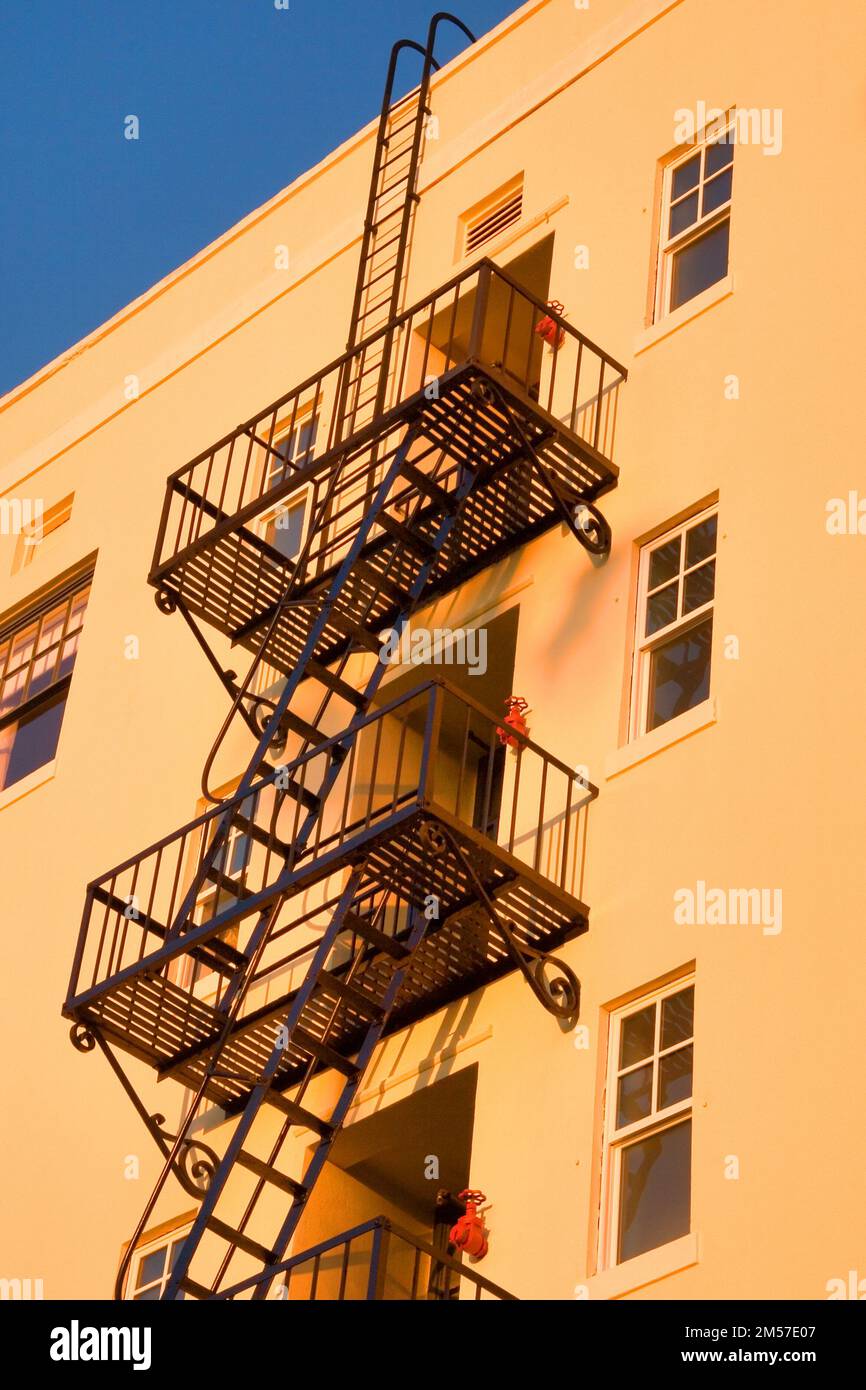 Retro building with fire stairs in San Diego, California Stock Photo ...