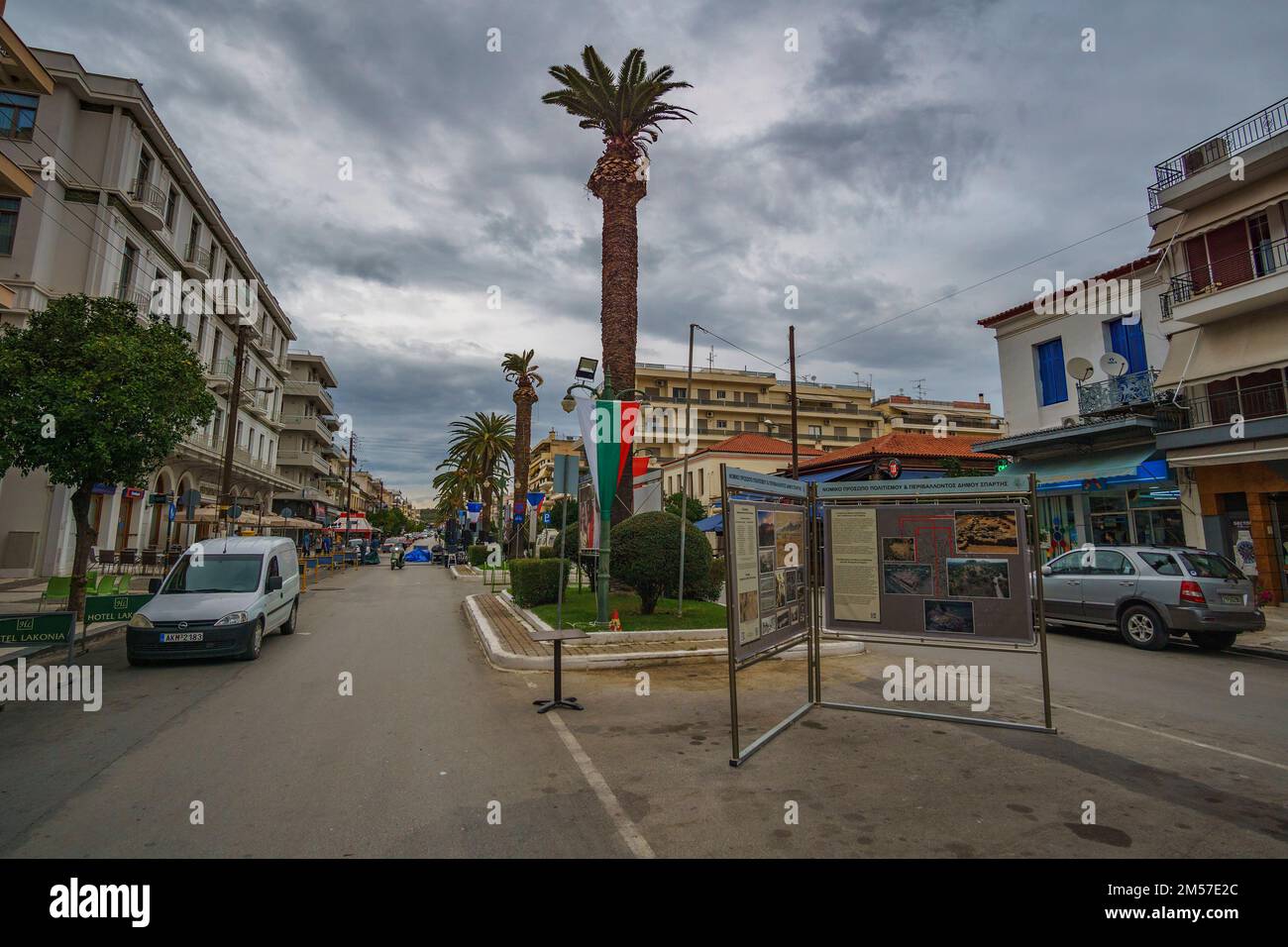 Urban view of the modern city of Sparti Greece. Sparti was founded to ...