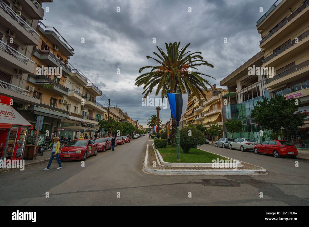 Urban view of the modern city of Sparti Greece. Sparti was founded to ...