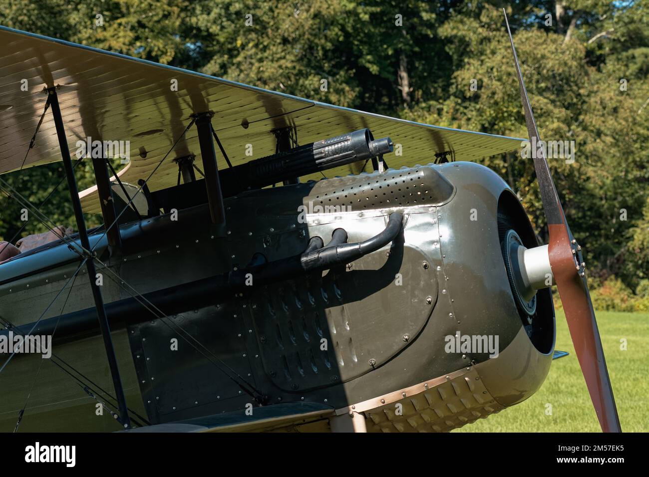 A 1914 French WWI Nieuport 11 biplane flying maneuvers during a war ...