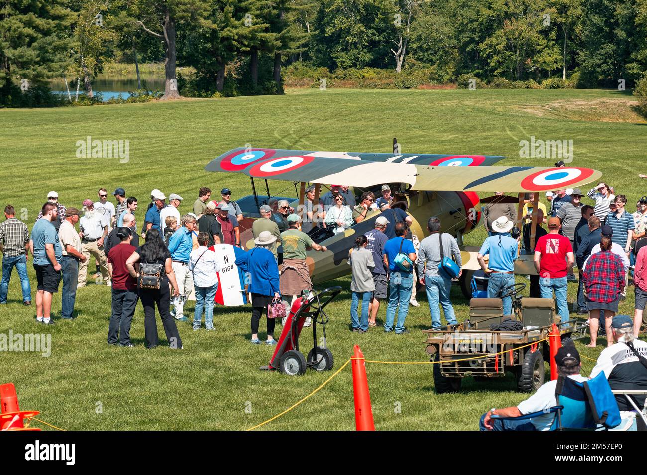 A vintage 1918 French WWI Nieuport 28 biplane flying maneuvers during a ...