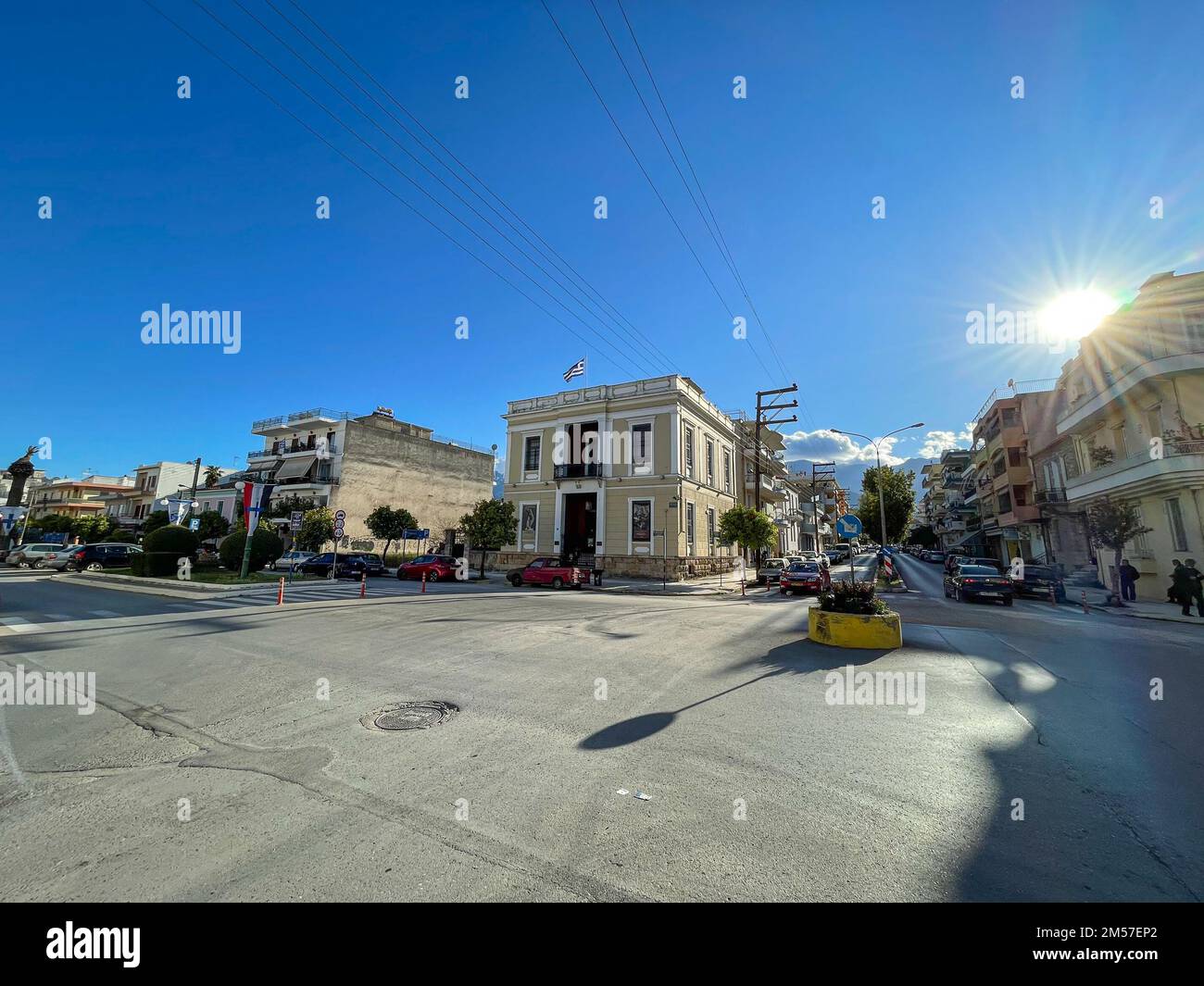 Urban view of the modern city of Sparti Greece. Sparti was founded to ...
