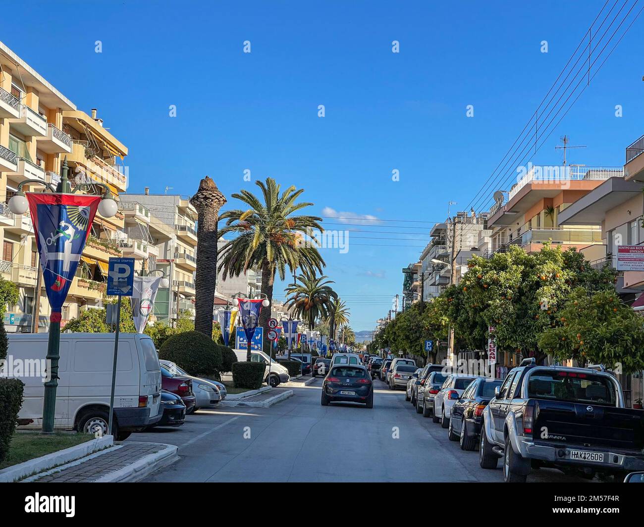 Urban view of the modern city of Sparti Greece. Sparti was founded to ...