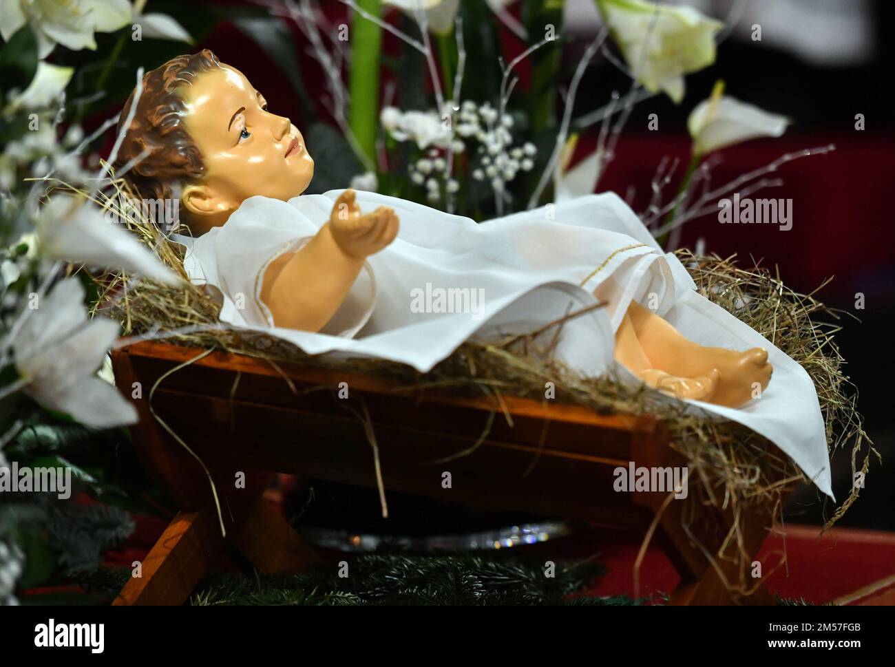 Krakow, Poland. 25th Dec, 2022. The figure of Baby Jesus seen at the ...