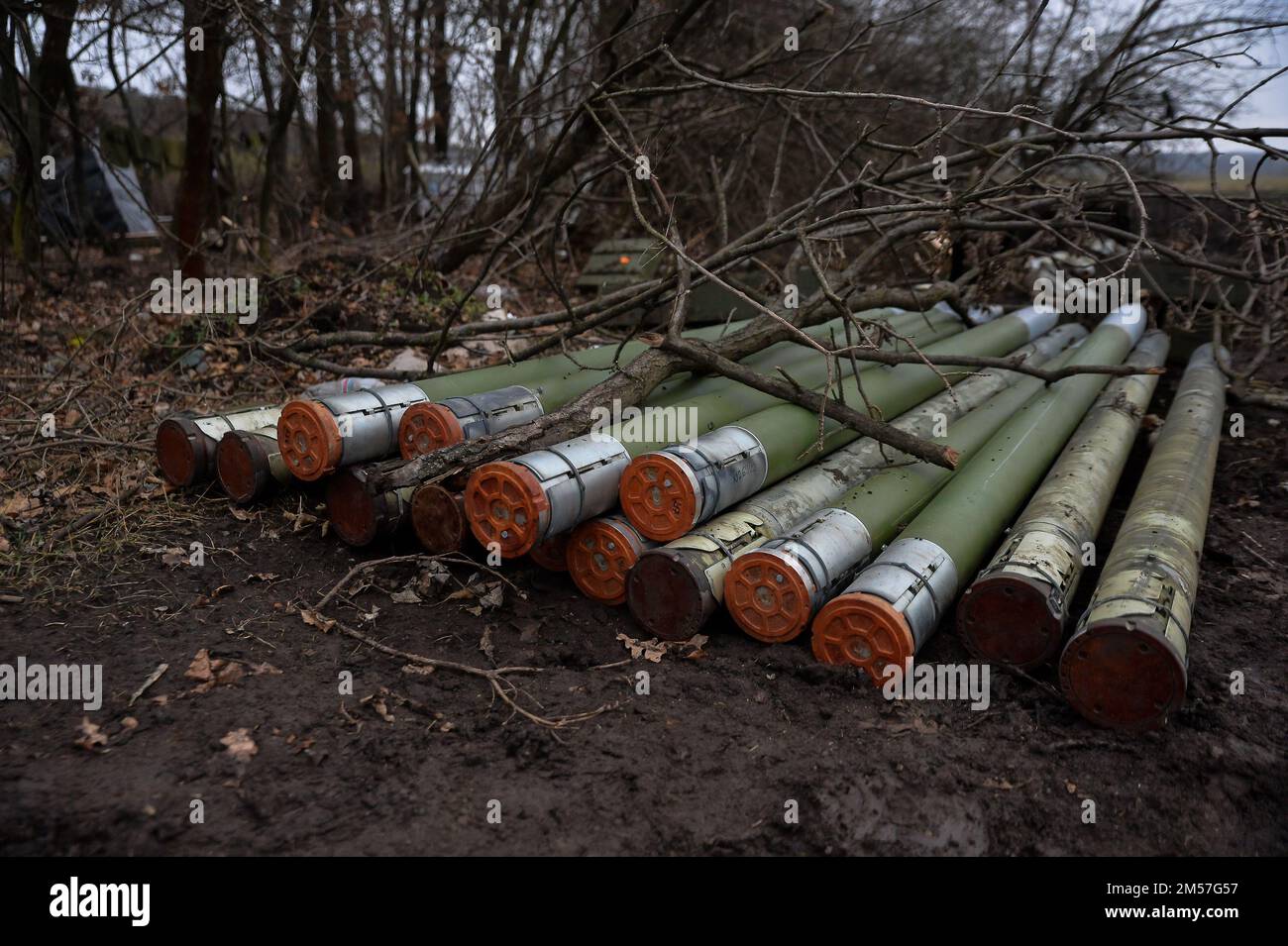 Ukraine. 26th Dec, 2022. Covered by excess tree limbs, rockets from a ...