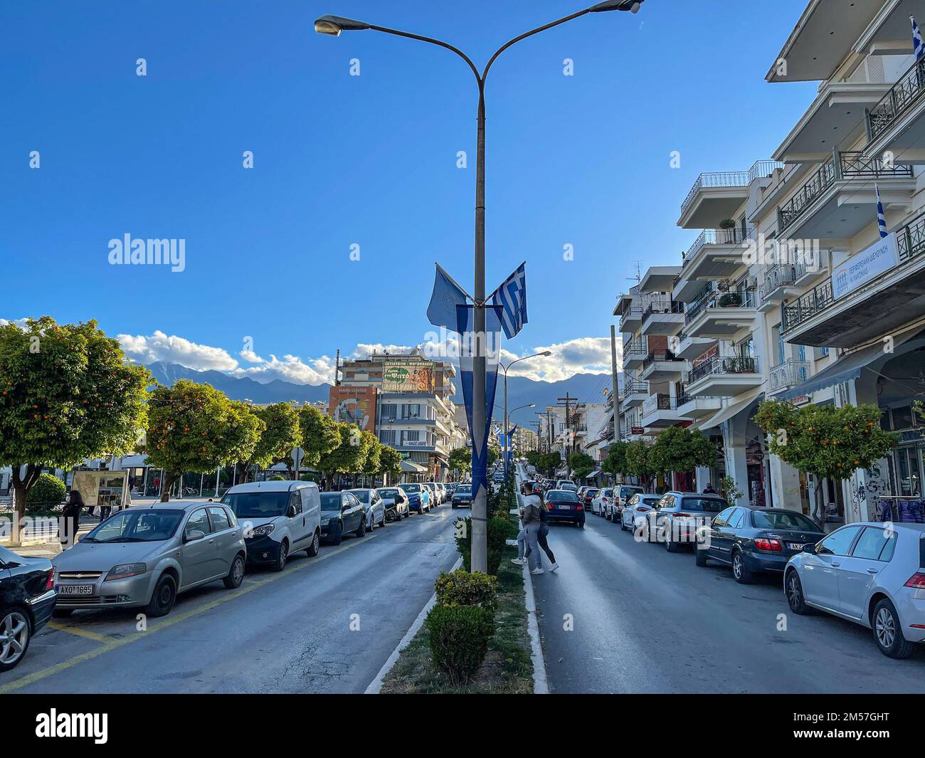 Urban view of the modern city of Sparti Greece. Sparti was founded to ...