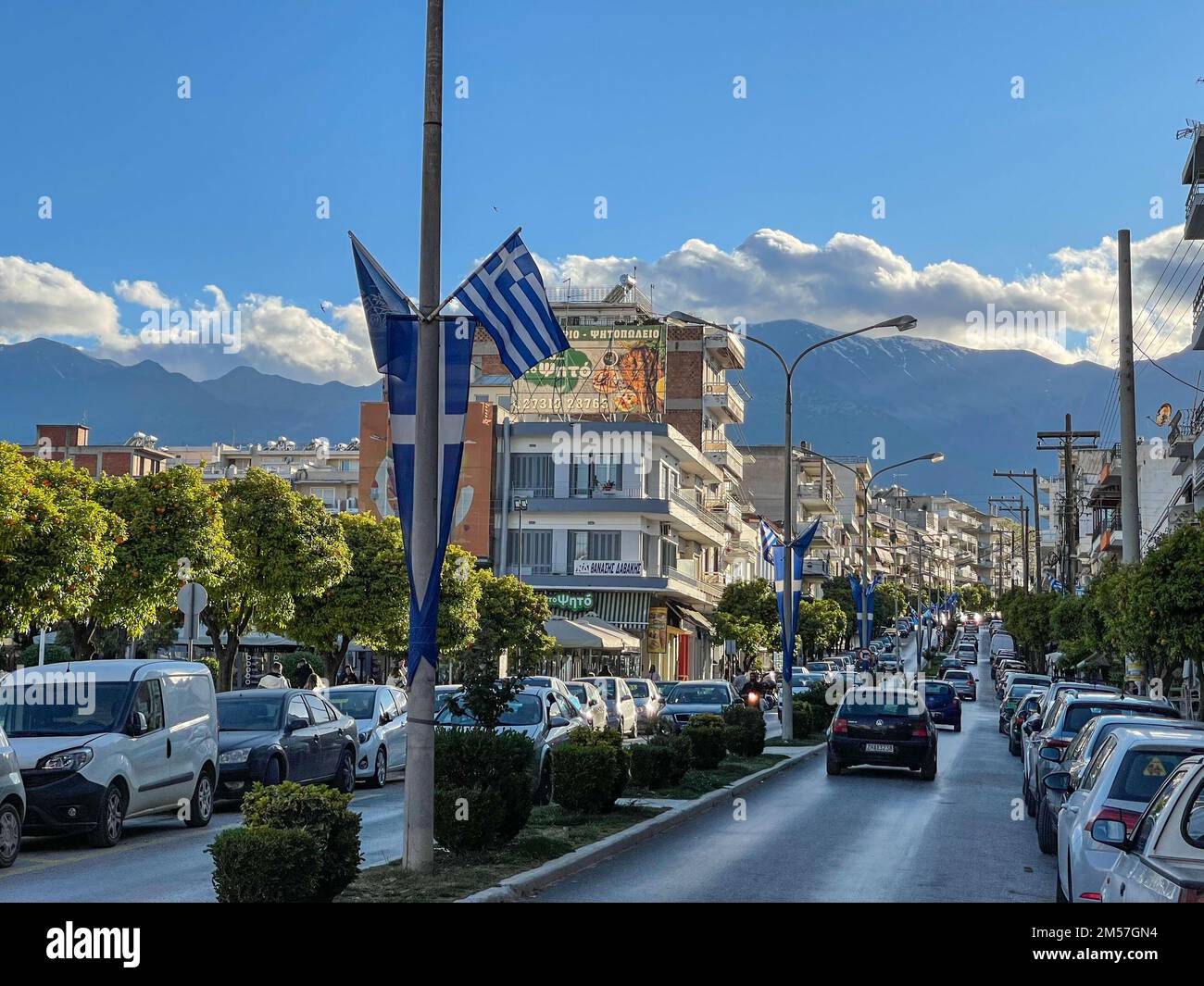 Urban view of the modern city of Sparti Greece. Sparti was founded to ...