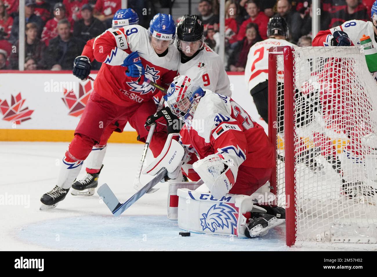 Czechia's goaltender Tomas Suchanek, bottom, makes a save as teammate ...