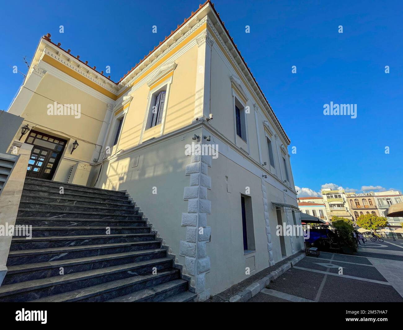 Tne neoclassical city hall building of Sparti, Greece. Urban view of ...
