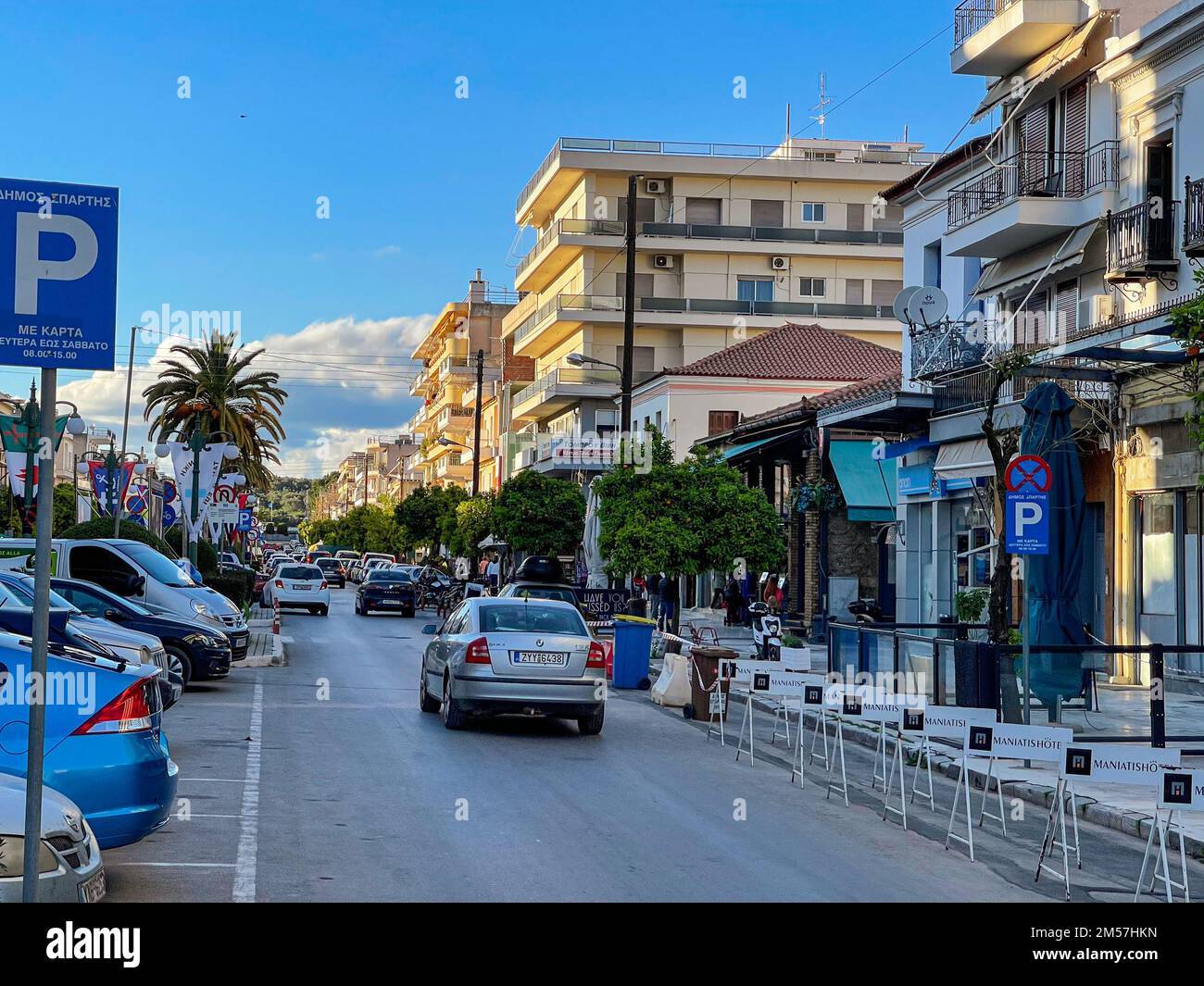 Urban view of the modern city of Sparti Greece. Sparti was founded to ...