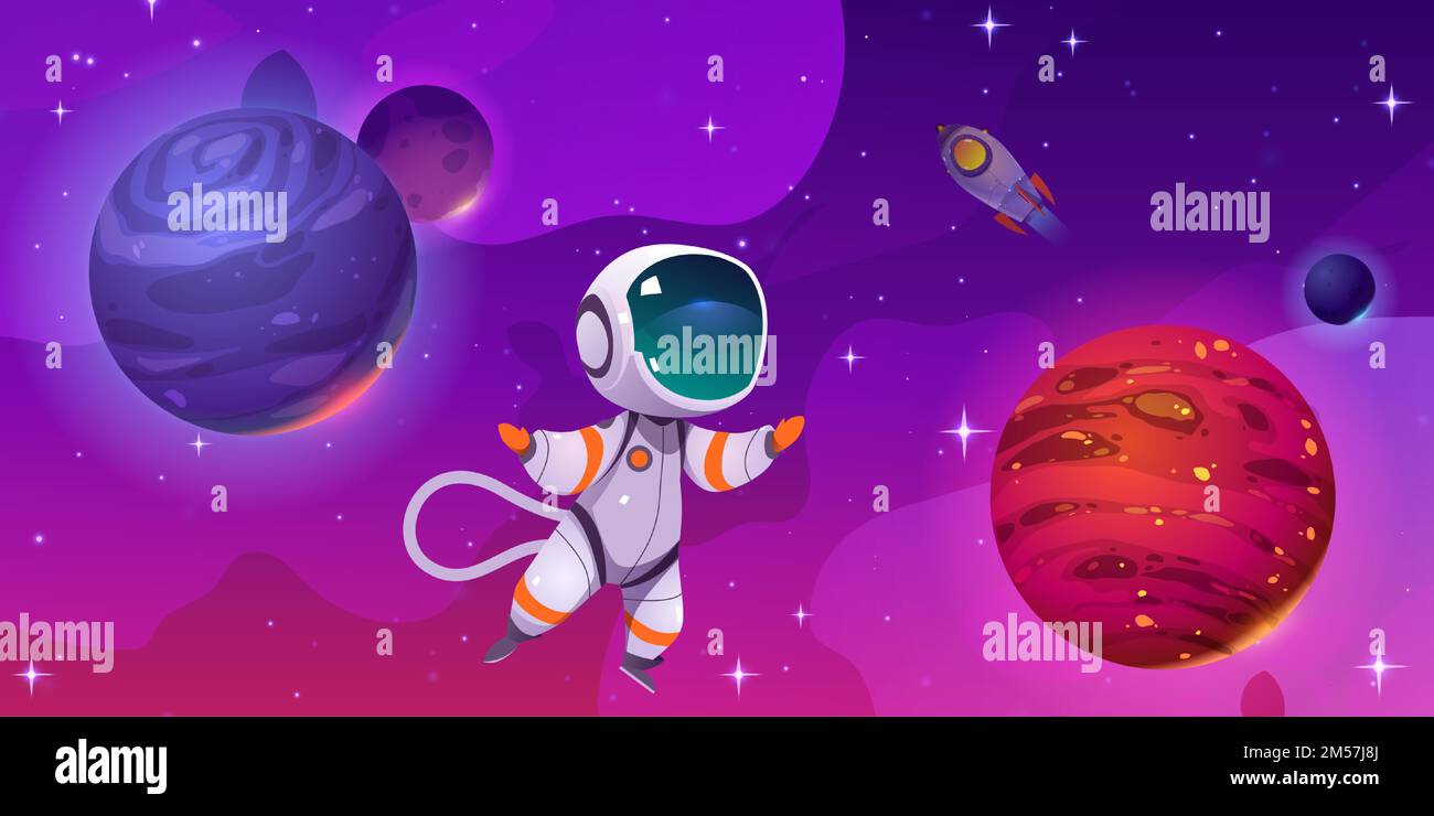 Cartoon Astronaut Exploring Solar System In Outer Space Vector Illustration Of Cosmonaut