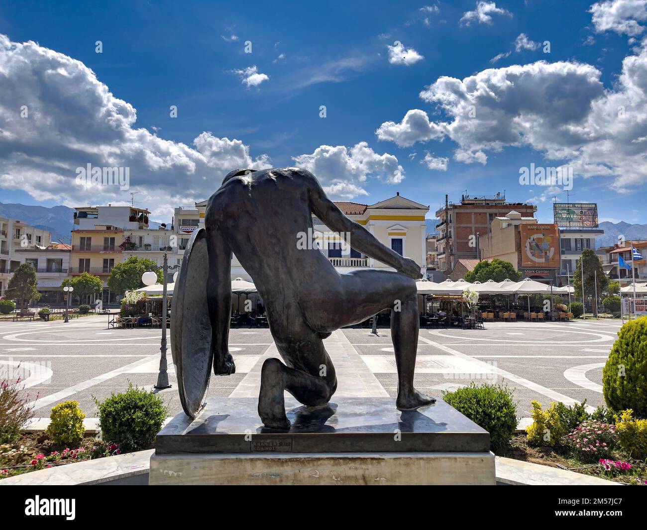 Sculpture of a Spartan warrior in the center of the historical Greek ...