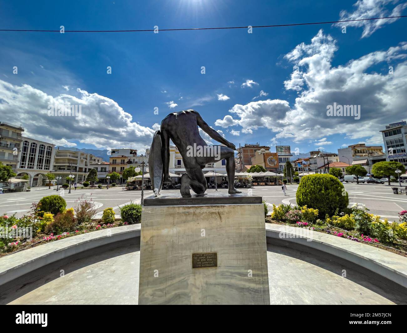 Sculpture of a Spartan warrior in the center of the historical Greek ...