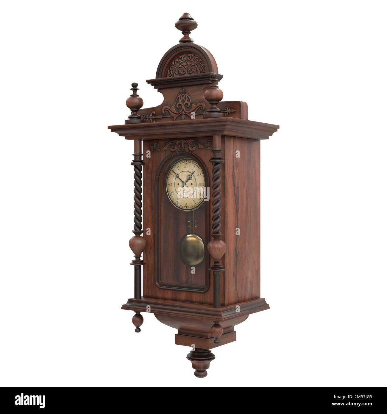 3D illustration. Vintage wooden clock clock isolated on white ...