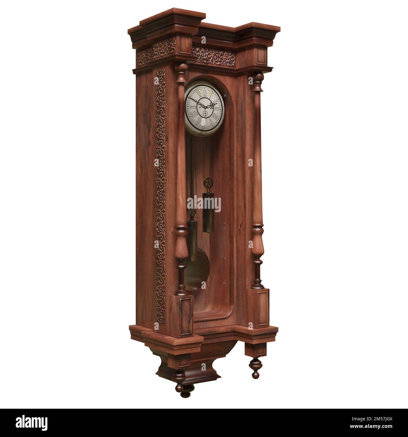 3D illustration. Vintage wooden clock clock isolated on white ...