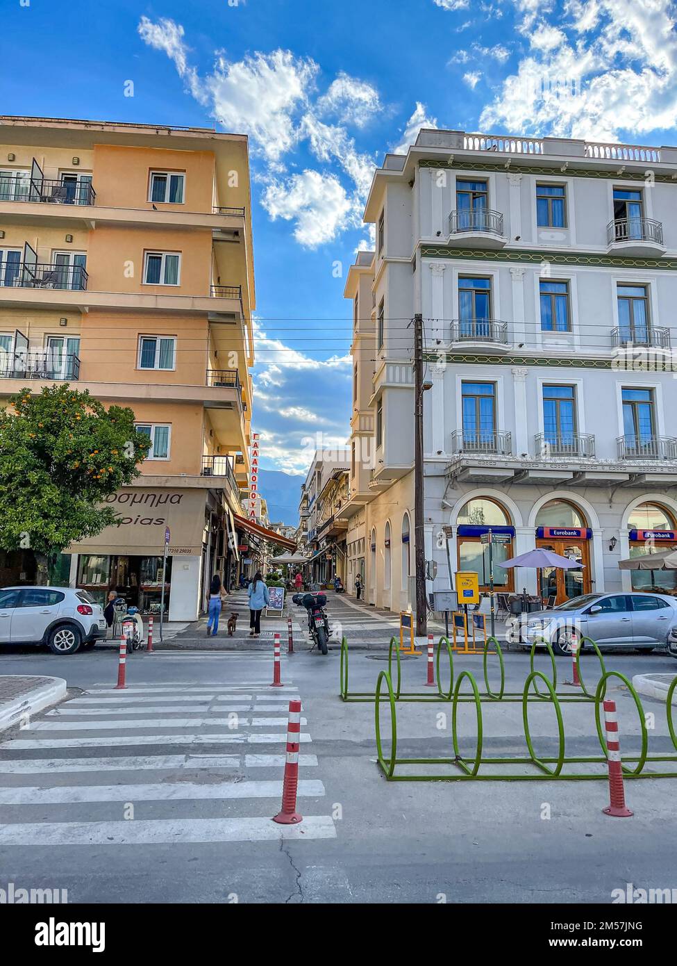 Urban view of the modern city of Sparti Greece. Sparti was founded to ...
