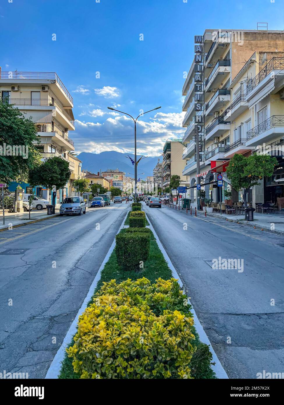 Urban view of the modern city of Sparti Greece. Sparti was founded to ...
