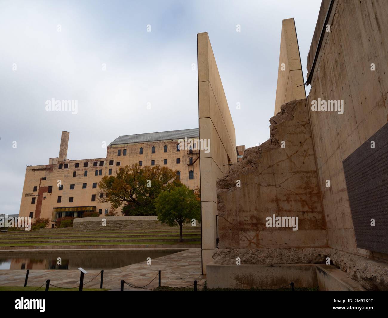 Low-angle view of the only remaining wall from the Alfred P. Murrah ...