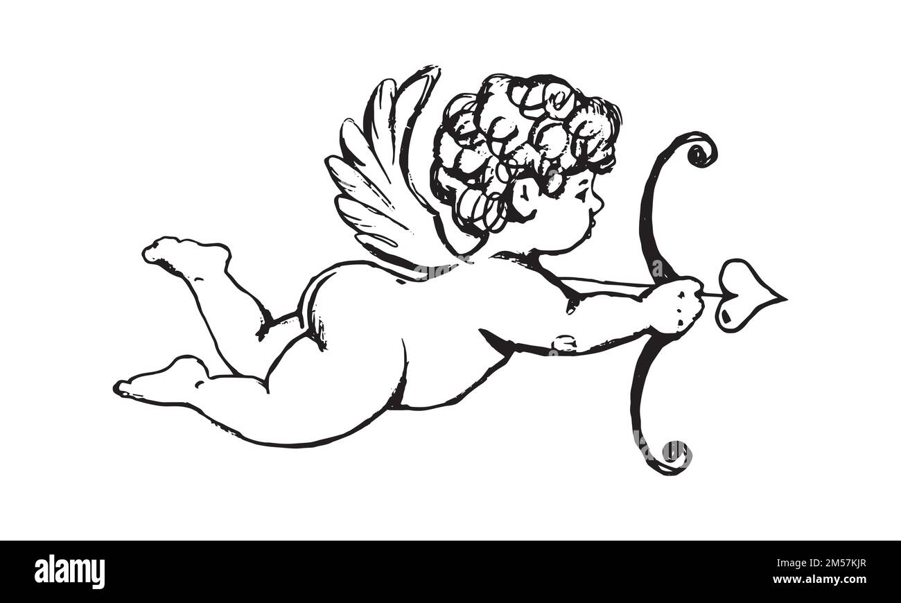 Drawing of vintage cupid, bow and arrow with heart. Cute flying angel cherub sketch, pencil ...