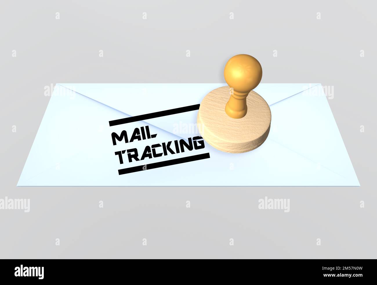 3D illustration of MAIL TRACKING stamp on a pale blue envelope ...