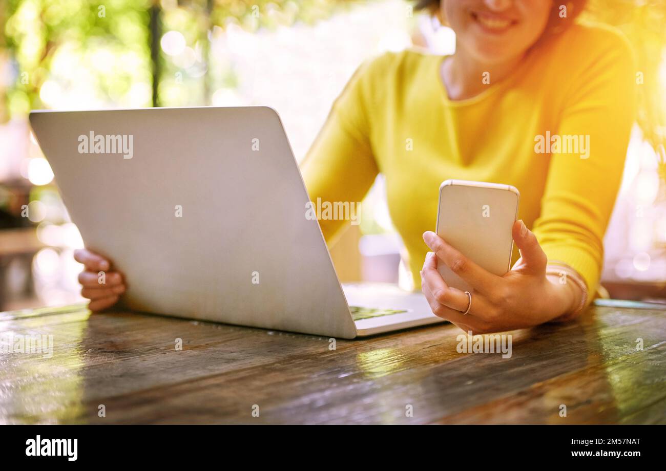 Shes always available thanks to wireless technology. an unrecognizable ...