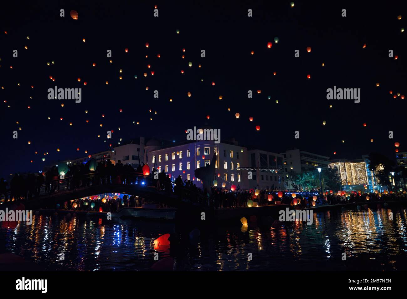 Sky lanterns floating in the sky. Volos lights festival. colorful ...