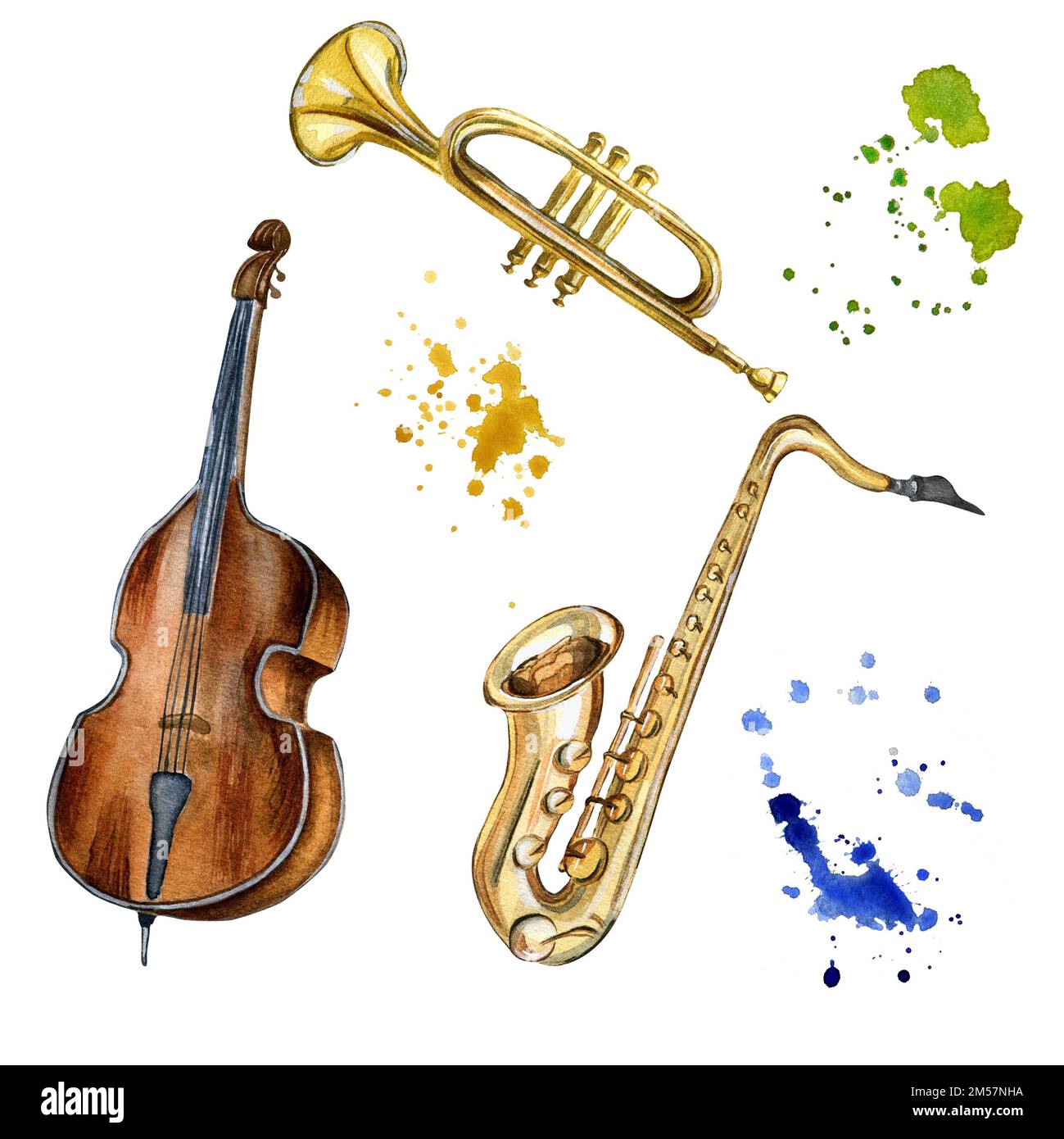 Trumpet, saxophone, contrabass musical instruments watercolor ...