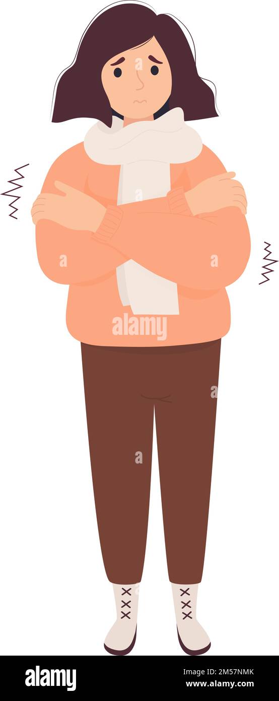 Cute sad girl freezing wearing, fall ill and shivering. Cartoon flat ...
