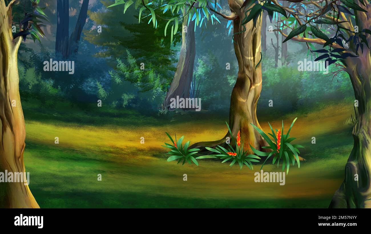 Large Tree in a Dense Forest in a Summer Day. Digital Painting ...