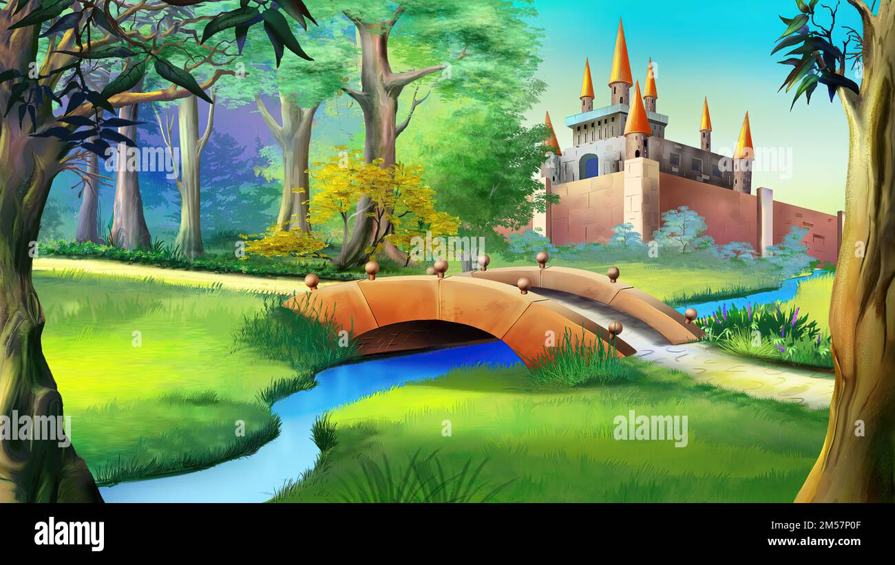 Landscape with Fairy tale castle in a forest and small bridge over the ...