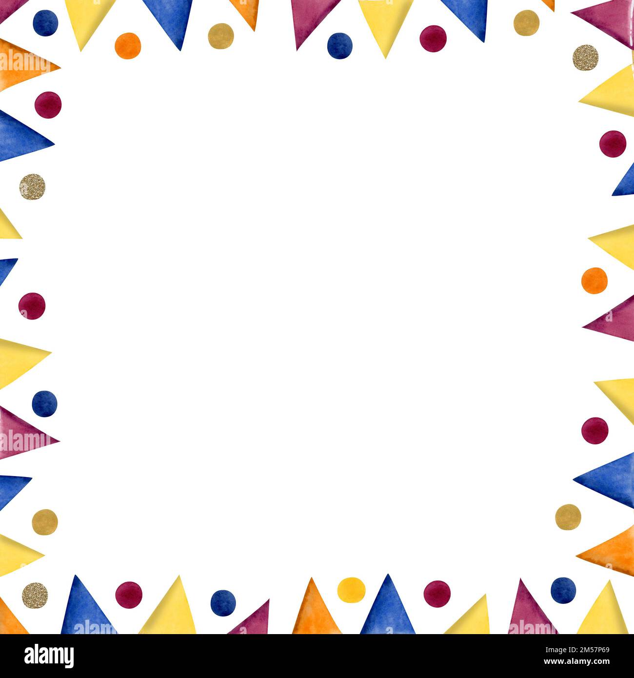 Birthday party square frame of colorful bright flags and confetti ...