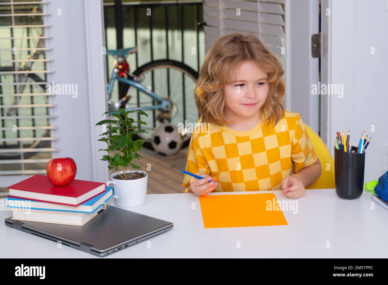 Smart caucasian school boy kid pupil student writing. Little student ...