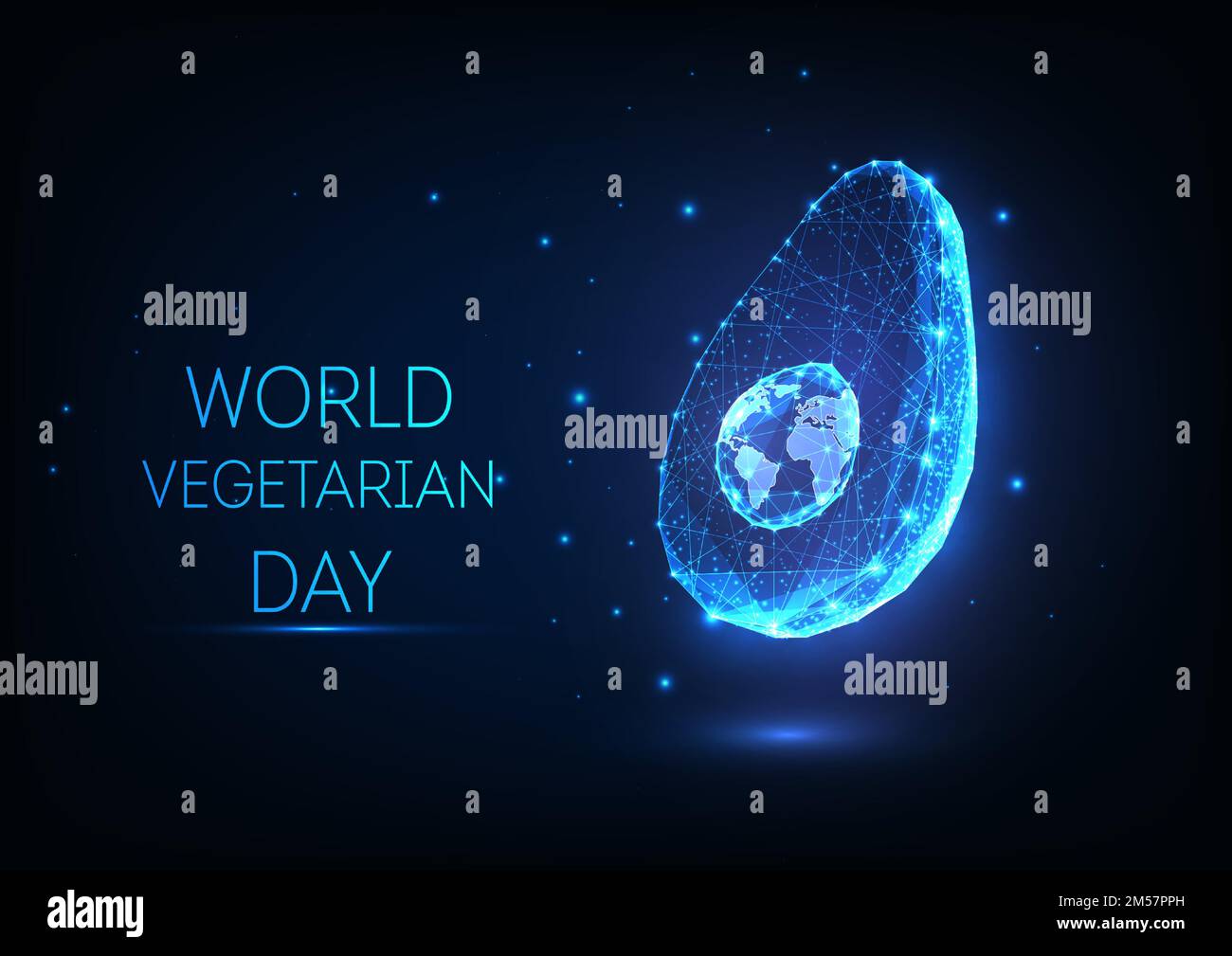 Concept of World Vegetarian Day with abstract glowing avocado and world ...