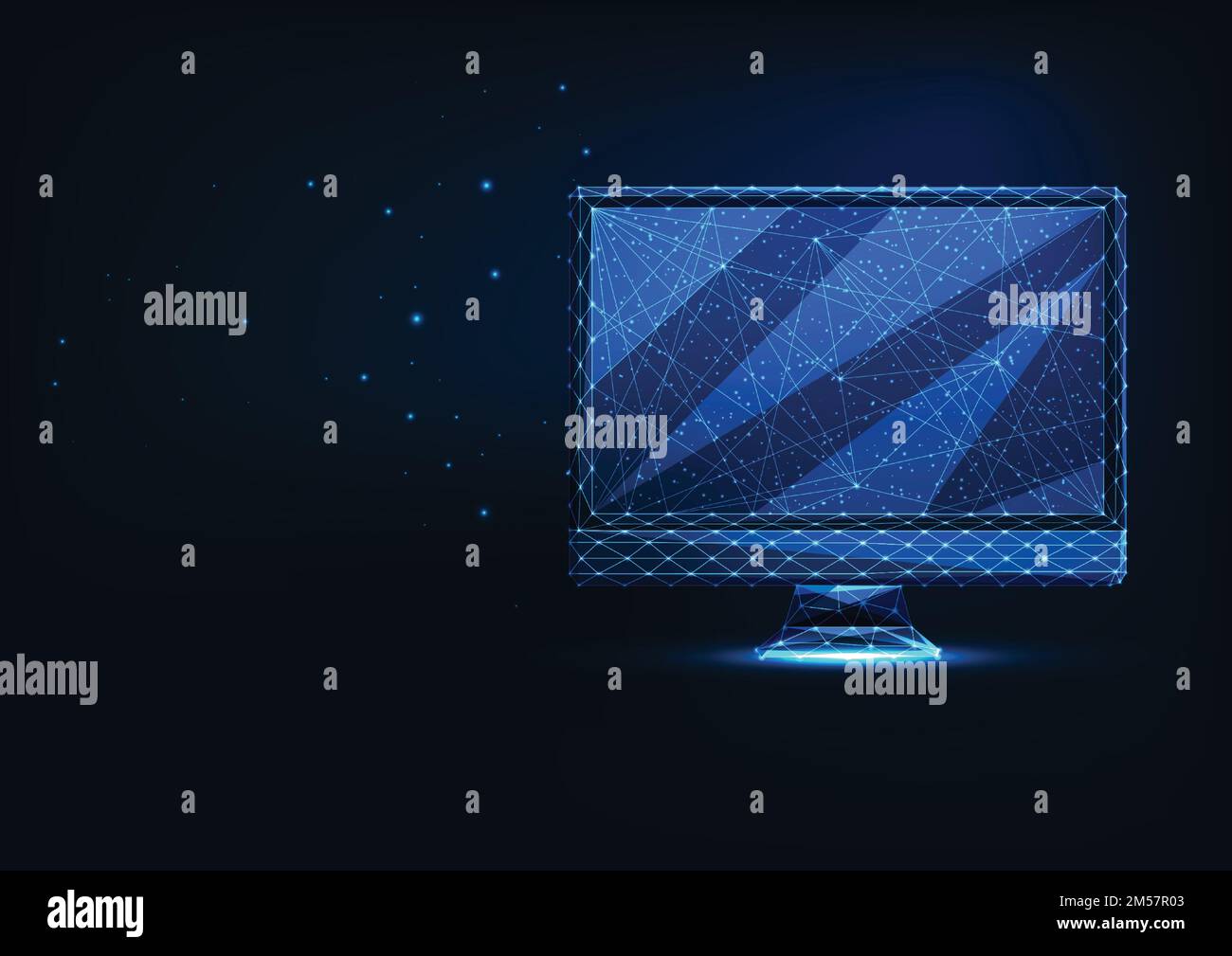 Futuristic glowing low polygonal computer display isolated on dark blue ...