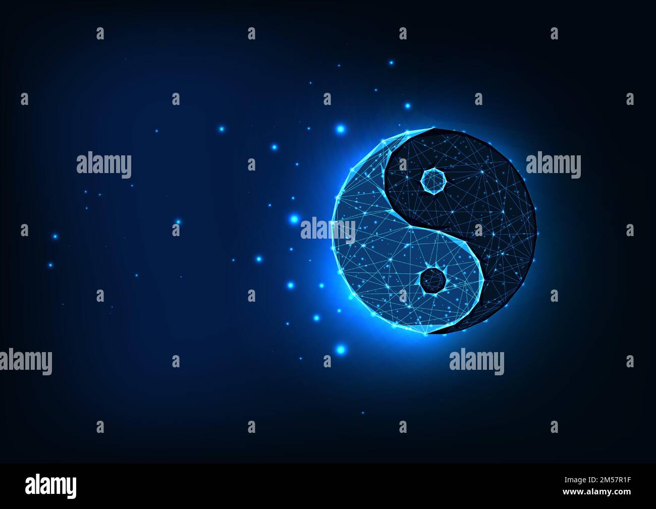 Futuristic glowing low polygonal yin yang symbol isolated on dark blue ...
