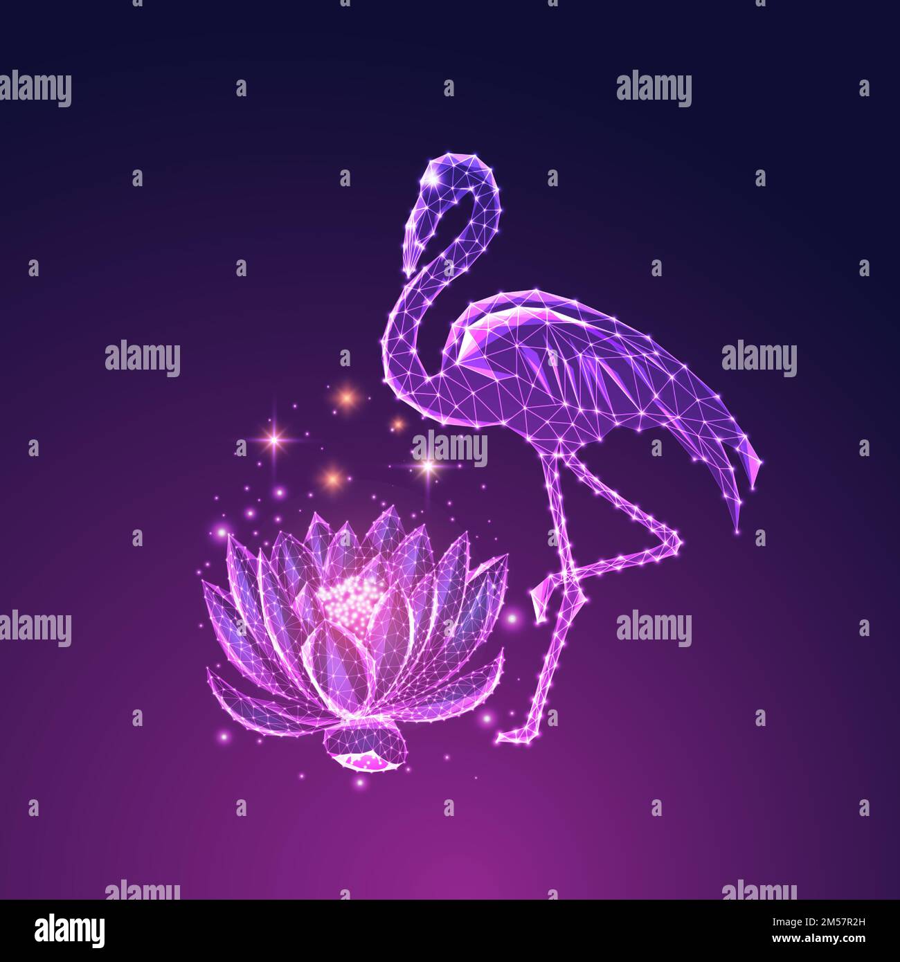 Futuristic glowing low polygonal beautiful standing flamingo and lotus ...