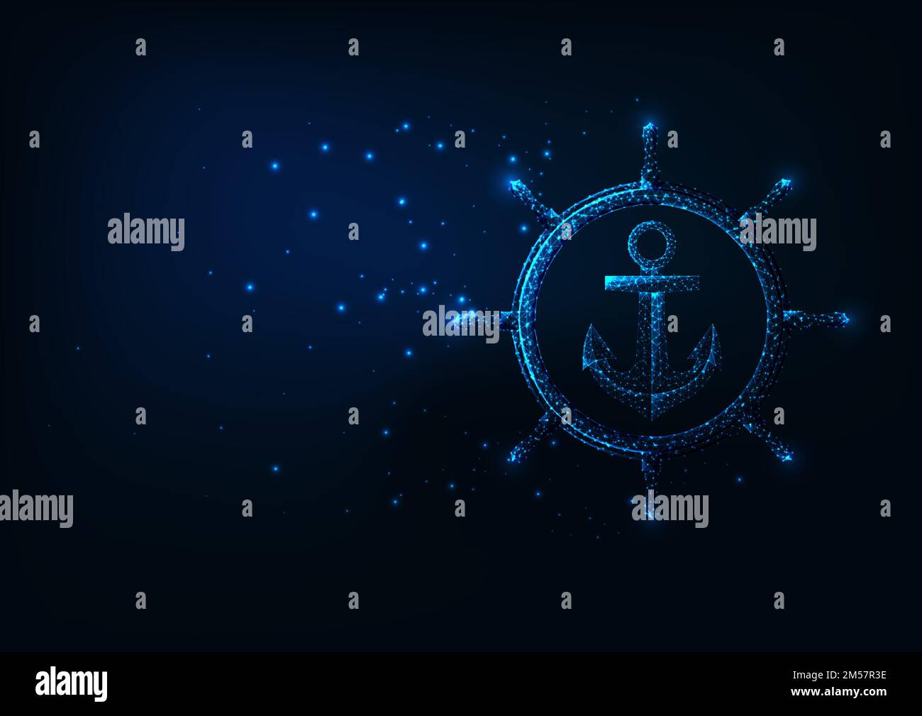 Futuristic sea adventure concept with glowing low polygonal ship wheel ...