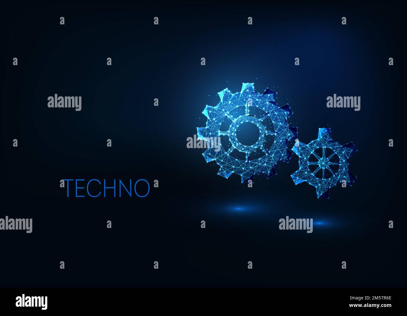 Futuristic digital technologies concept with glowing low polygonal gears isolated on dark blue ...