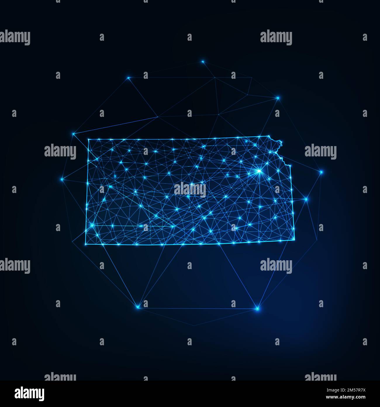 Kansas state USA map glowing silhouette outline made of stars lines ...