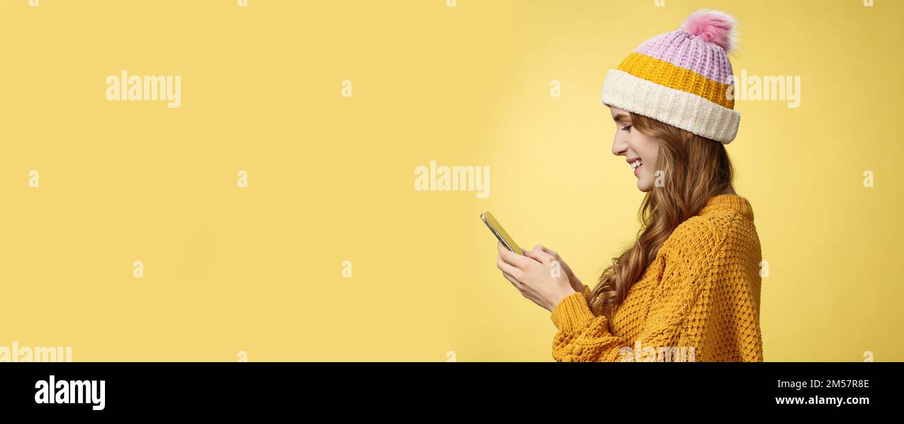 Profile shot charming outgoing relaxed young modern millennial girl ...