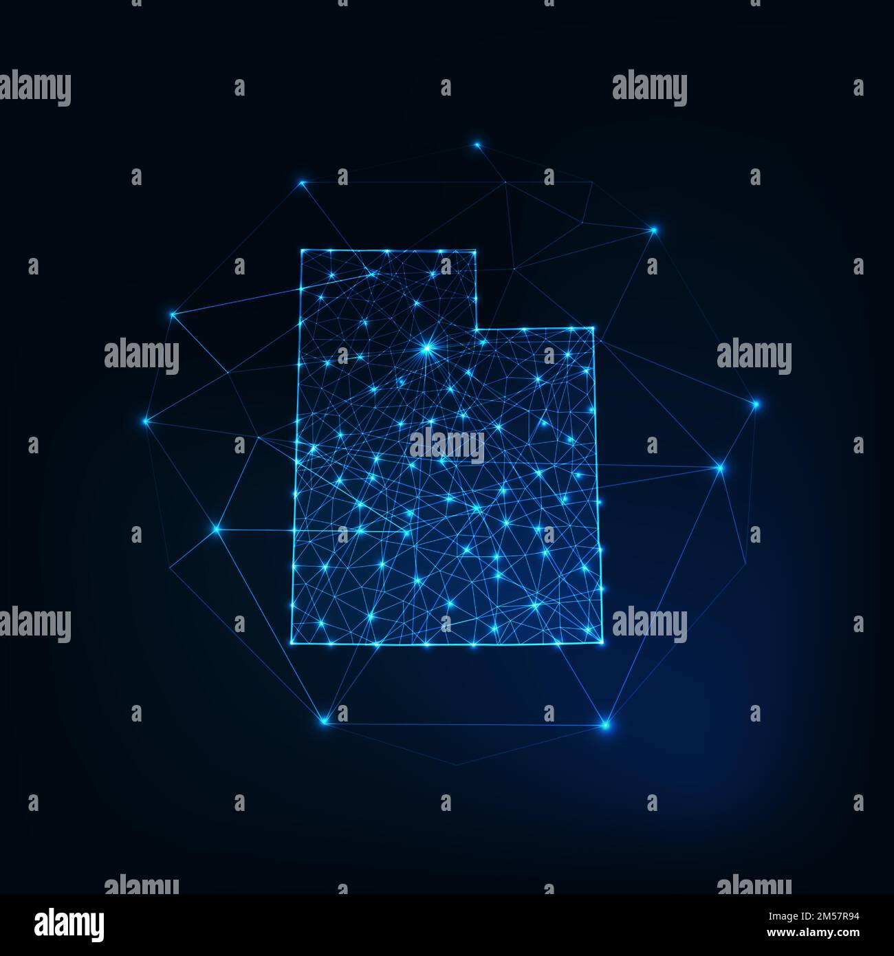 Utah state USA map glowing silhouette outline made of stars lines dots ...
