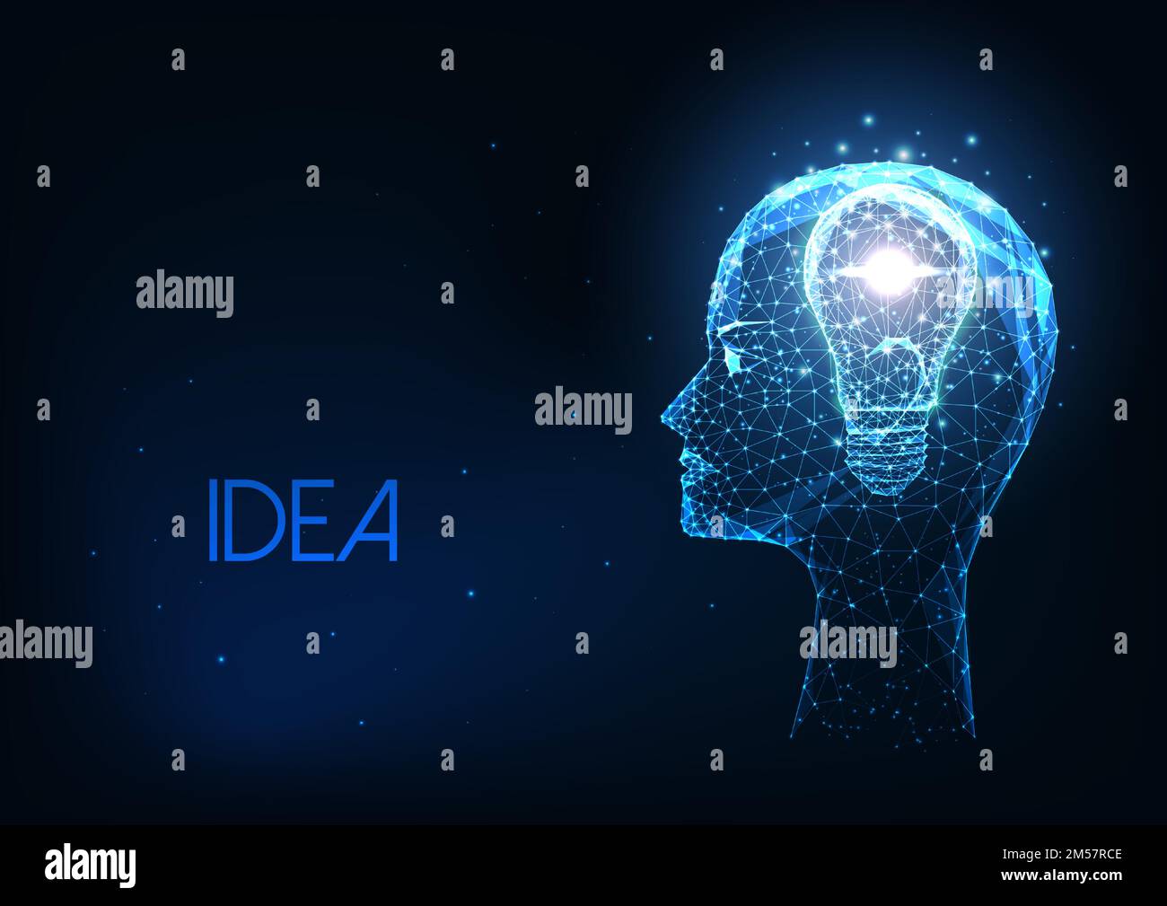 Futuristic creative idea concept with glowing low polygonal human head and light bulb isolated ...