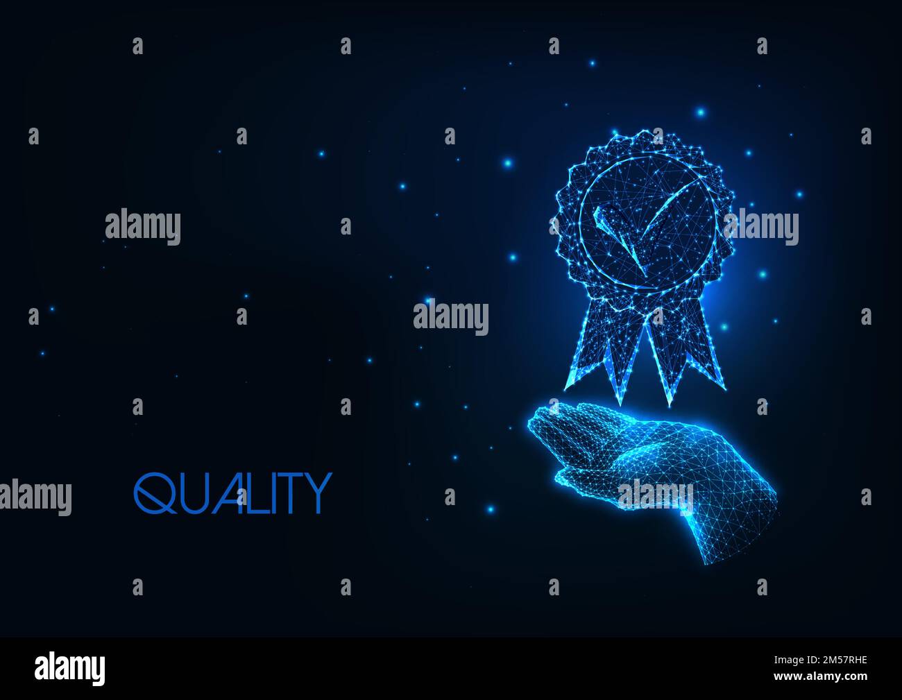 Futuristic premium quality concept with glowing low polygonal hand ...