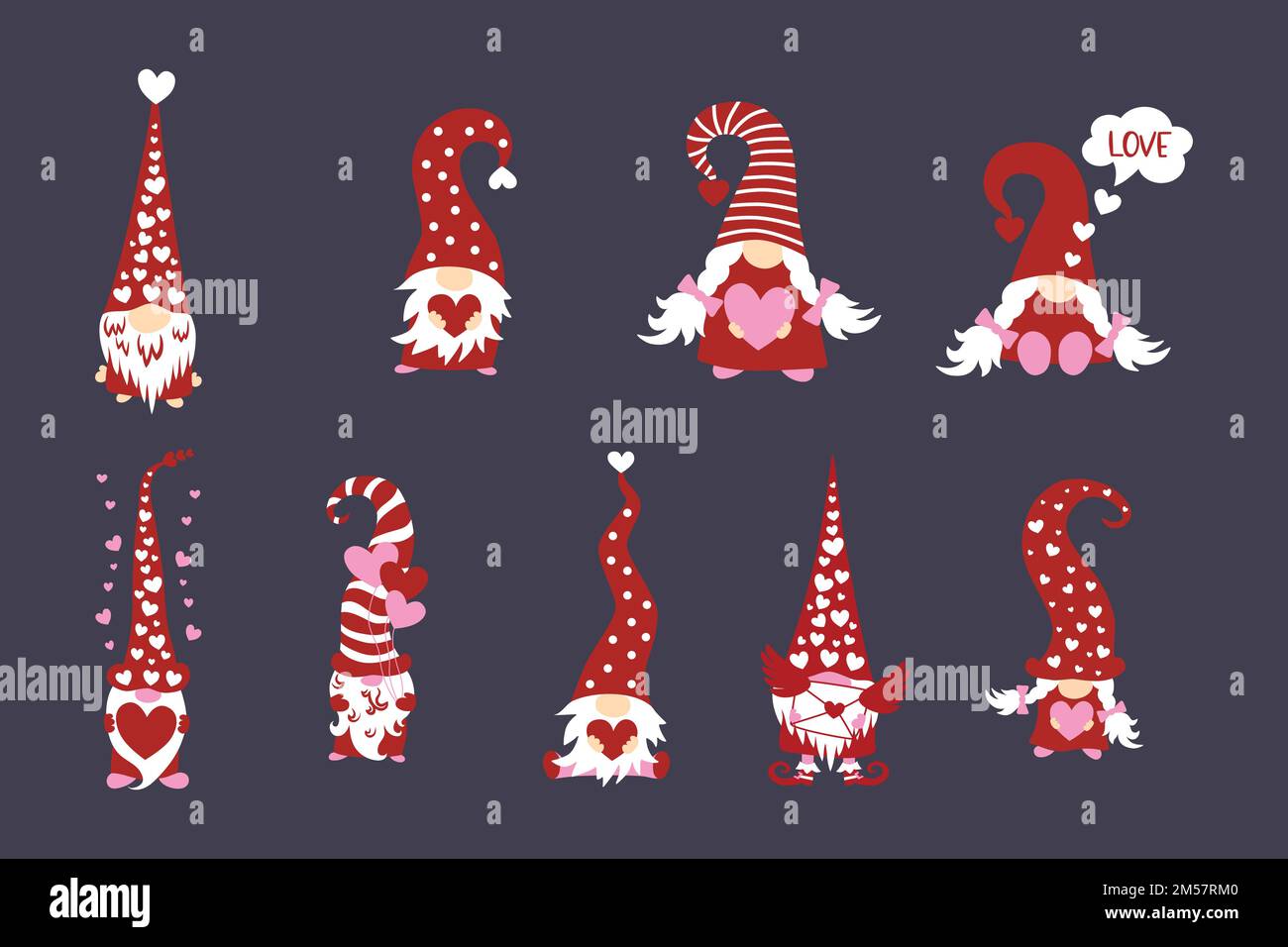 Set of Valentines Day cute scandinavian red gnomes with hearts isolated ...